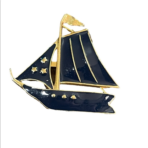 Vintage | Jewelry | Vintage Blue Enamel Gold Finish Sailboat Sailing ...